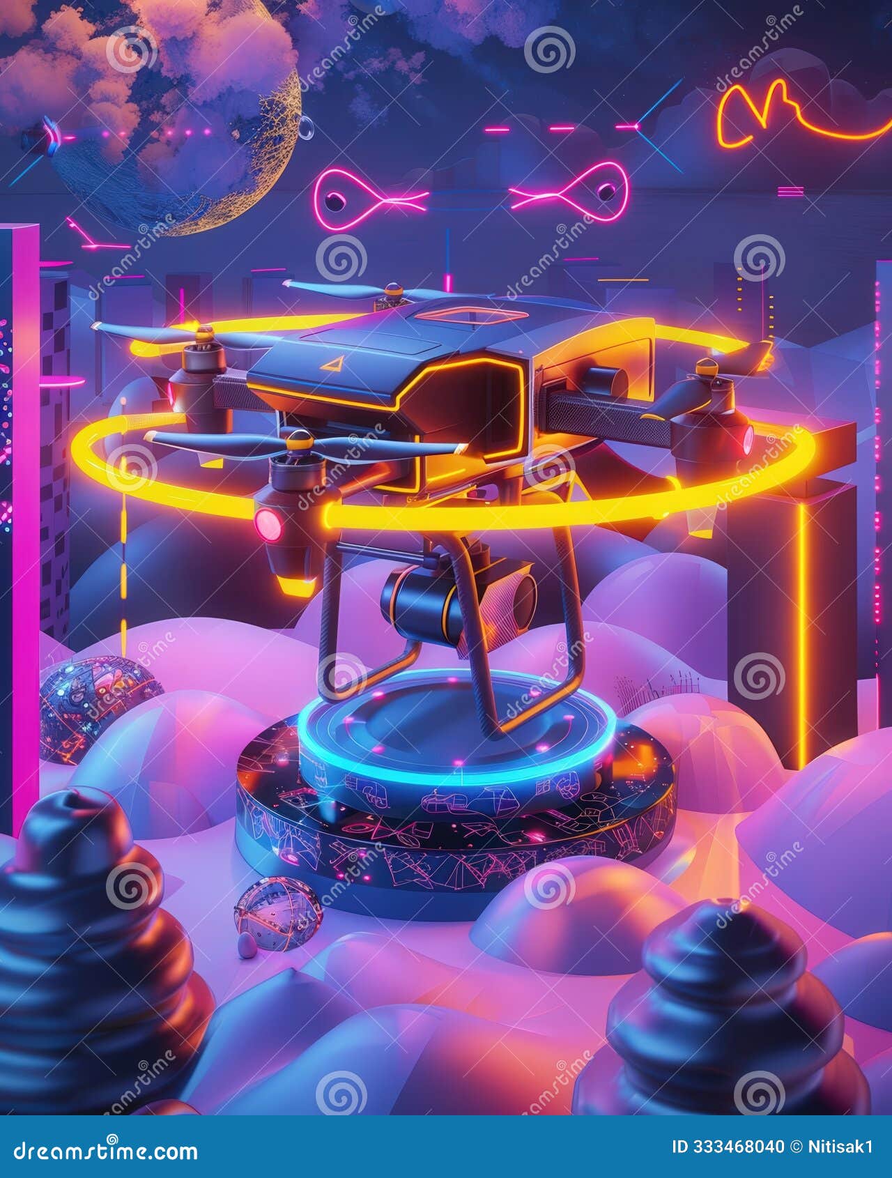 Graphic of Vector Illustration of an Autonomous Bus in a Neonlit City ...