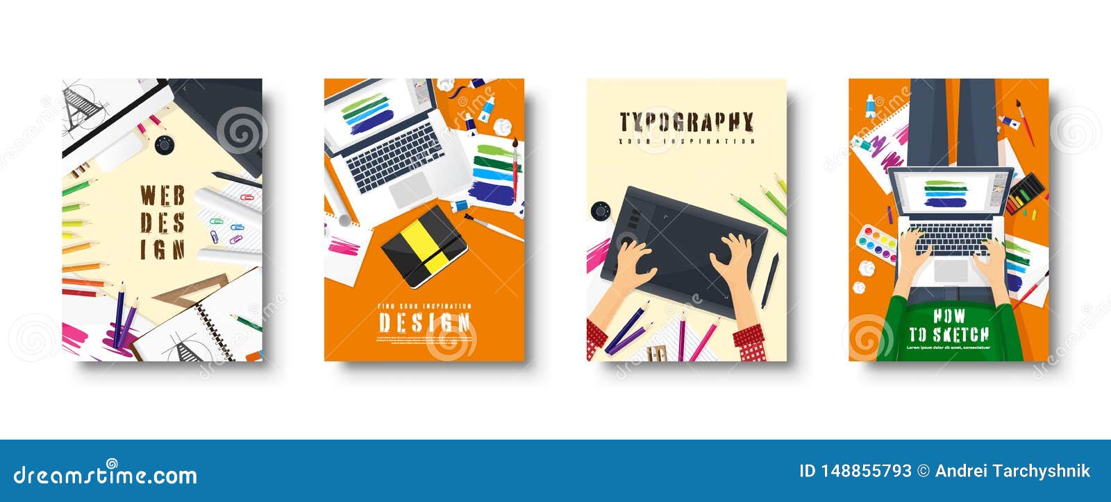 Graphic and Web Design. Flat Style Covers Set. Designer Workplace with ...
