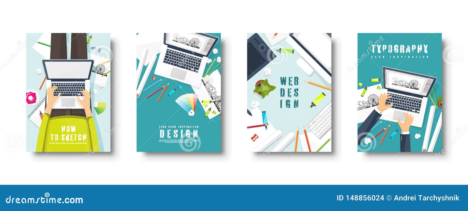 Graphic and Web Design. Flat Style Covers Set. Designer Workplace with ...