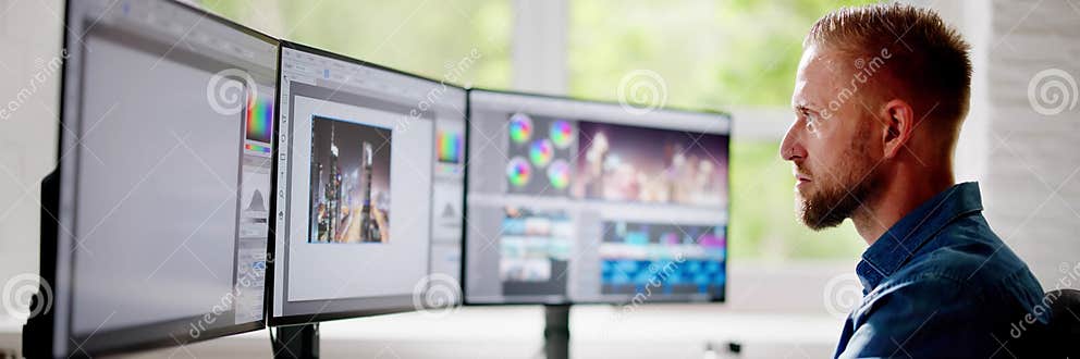 Graphic Web Designer Using Editing Software Stock Image - Image of desk ...