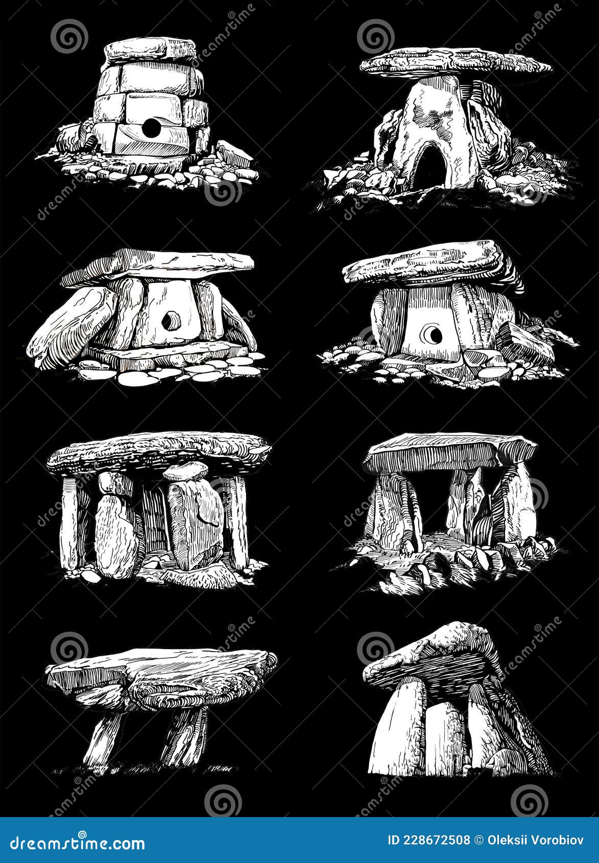 Graphical Big 3D Set of Dolmens on Black Background, Vector Elements ...