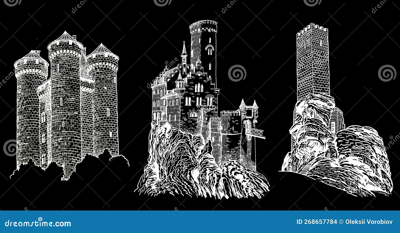 Graphical Big Set of Medieval Catles Isolated on Black, Vector Engraved ...