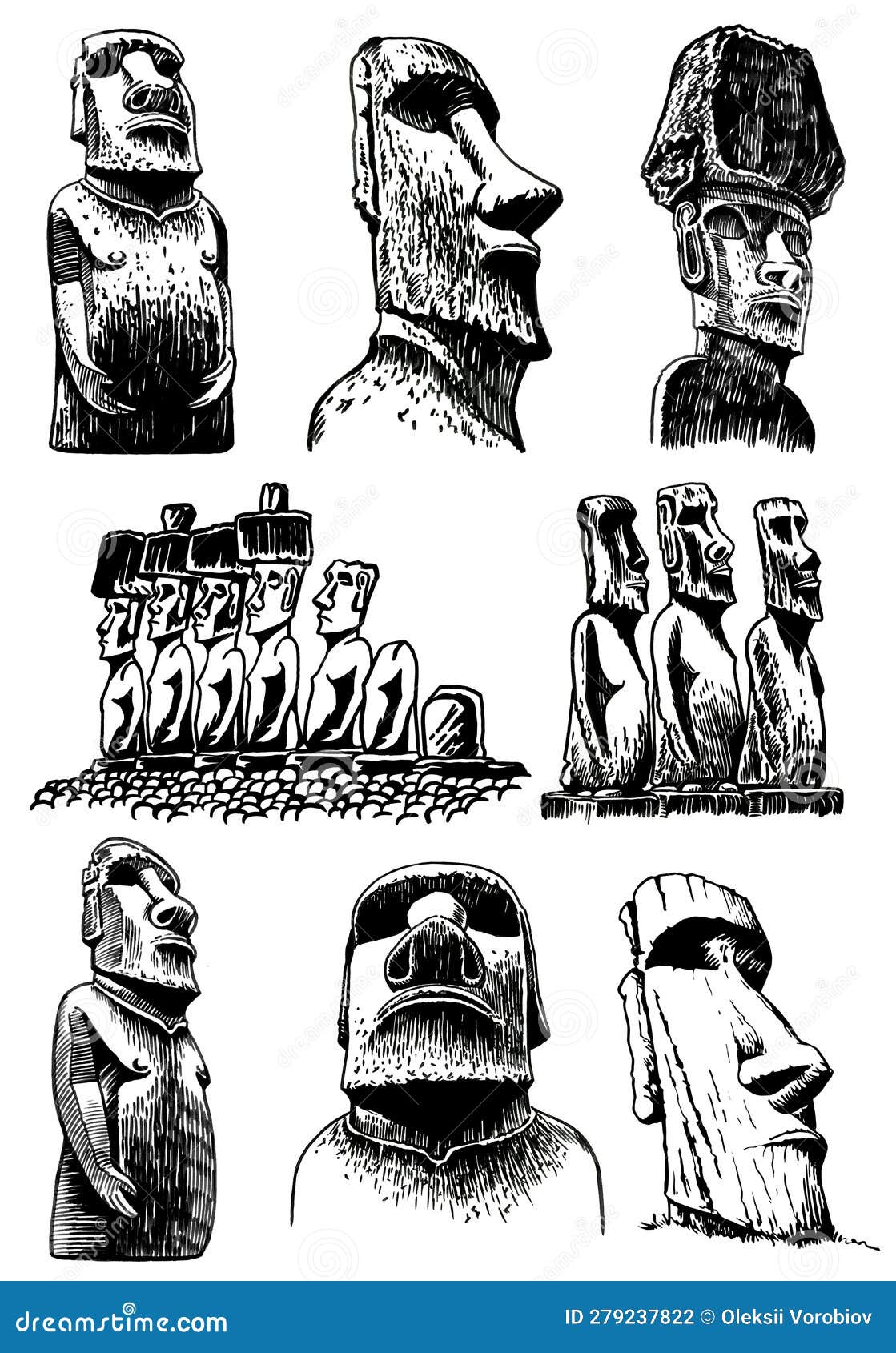 Graphical Big Set of Moai Statues Isolated on White Background, Vector ...