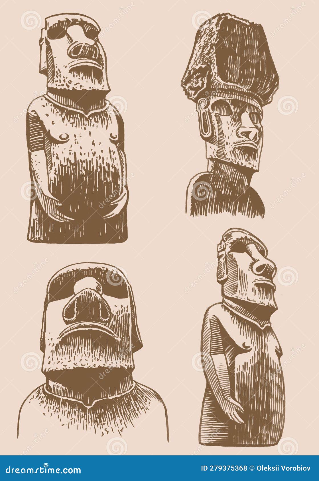 Graphical Big Vintage Set of Moai Statues on Sepia Background, Vector ...