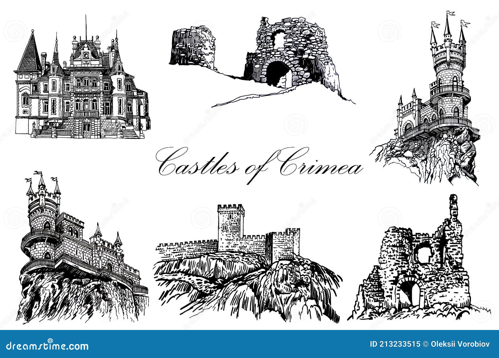 Graphical Castles Of France On White Background, Vector Architecture ...