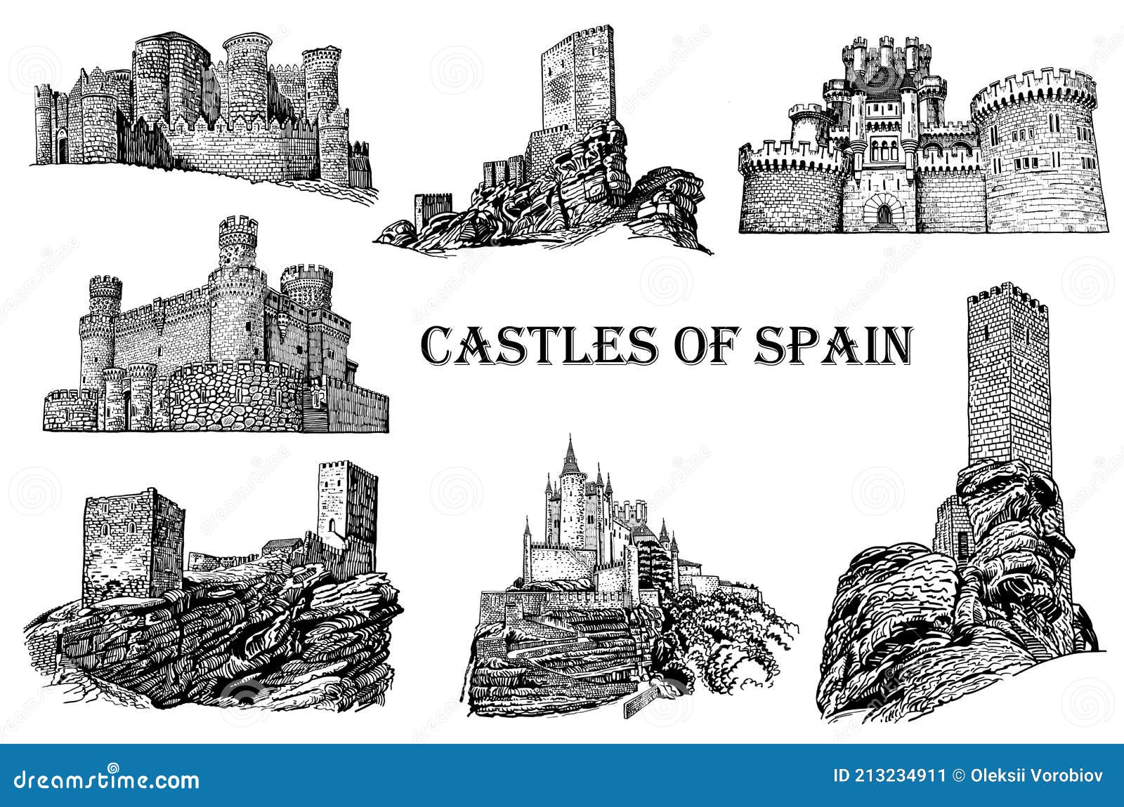 Graphical Castles of Spain on White Background, Vector Architecture ...