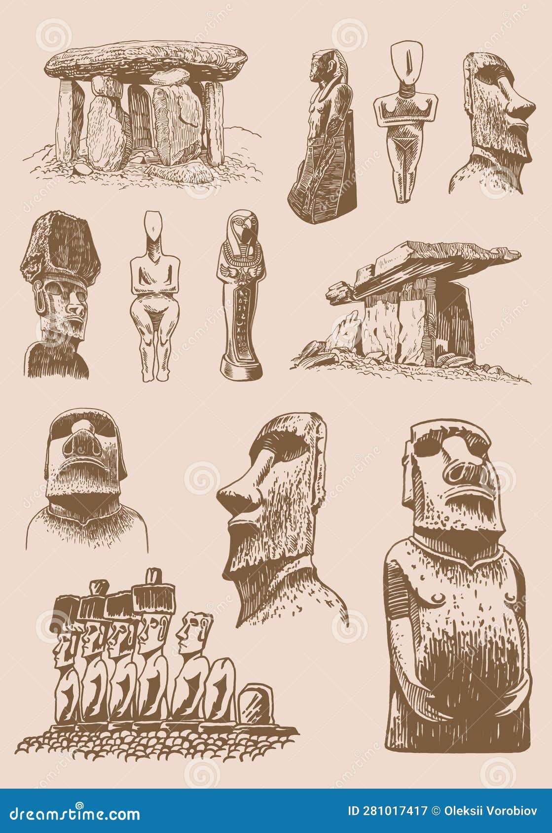 Graphical Collection of Moai Statues and Dolmens on Sepia Background ...
