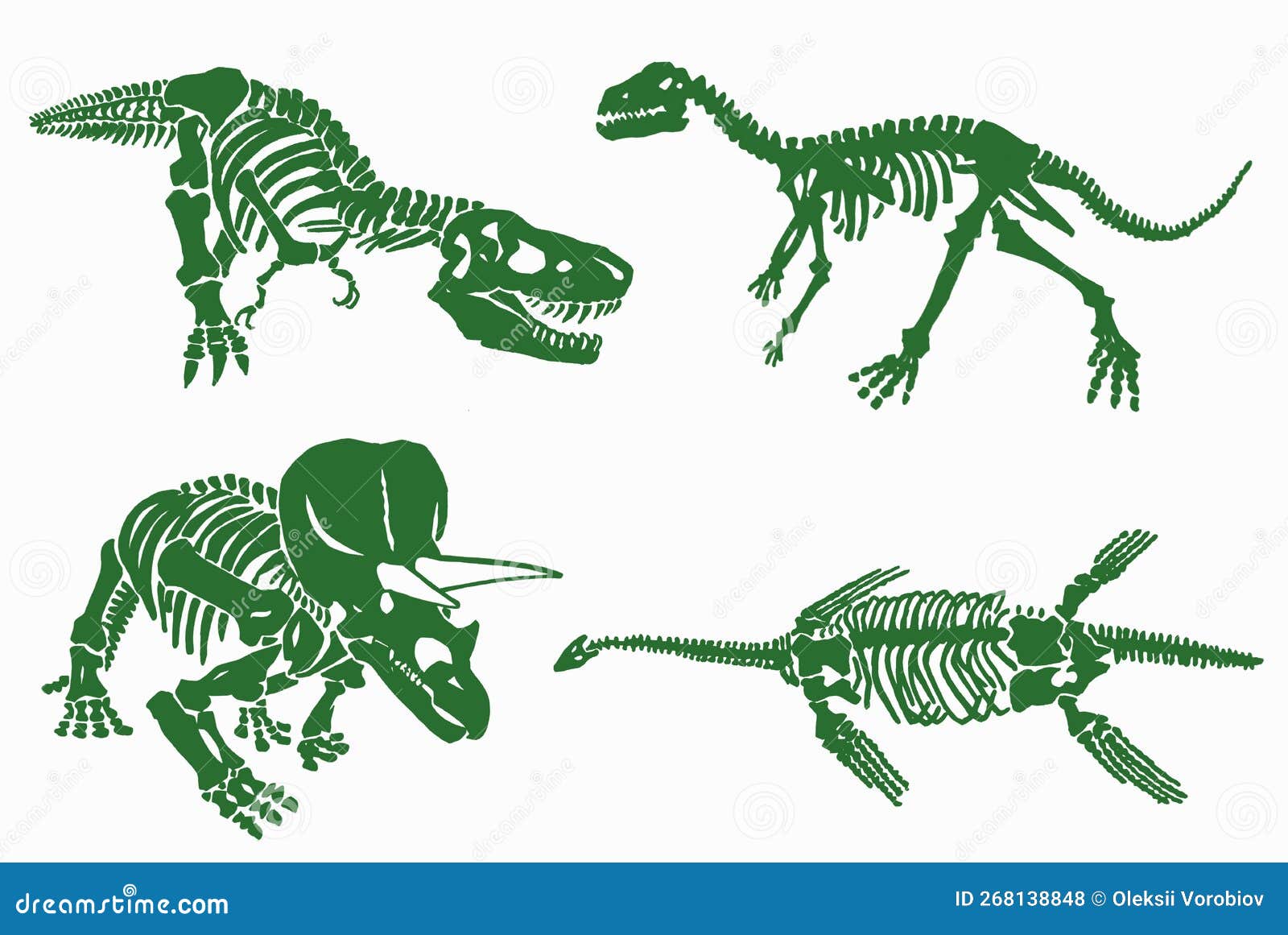 Graphical Color Illustration, Set of Green Dinosaur Skeletons Isolated ...