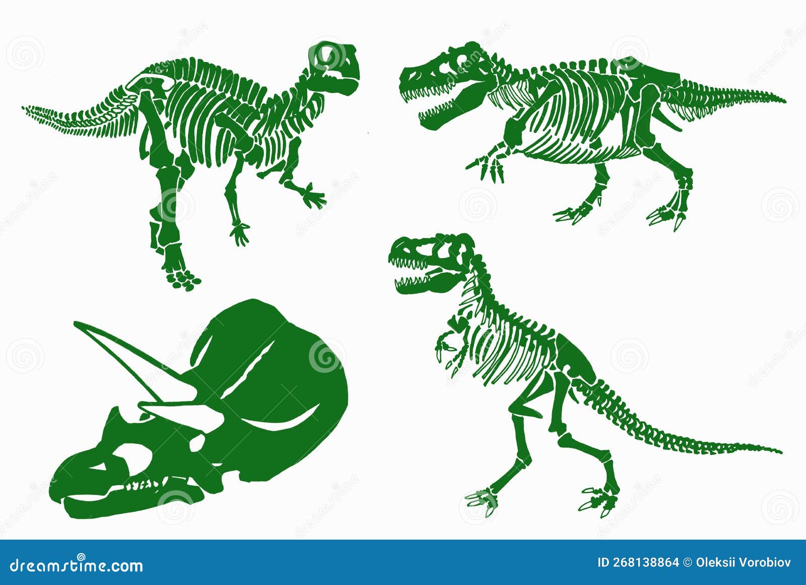 Graphical Color Illustration, Set of Green Dinosaur Skeletons Isolated ...
