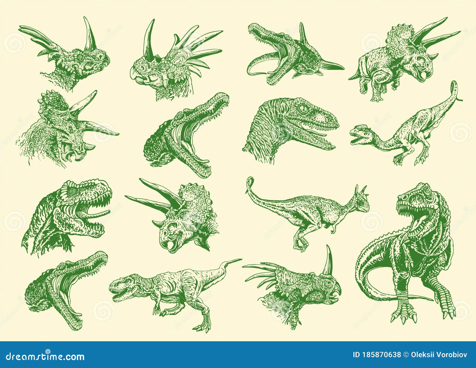 Graphical Color Set of Green Dinosaurs ,vector Illustration for ...