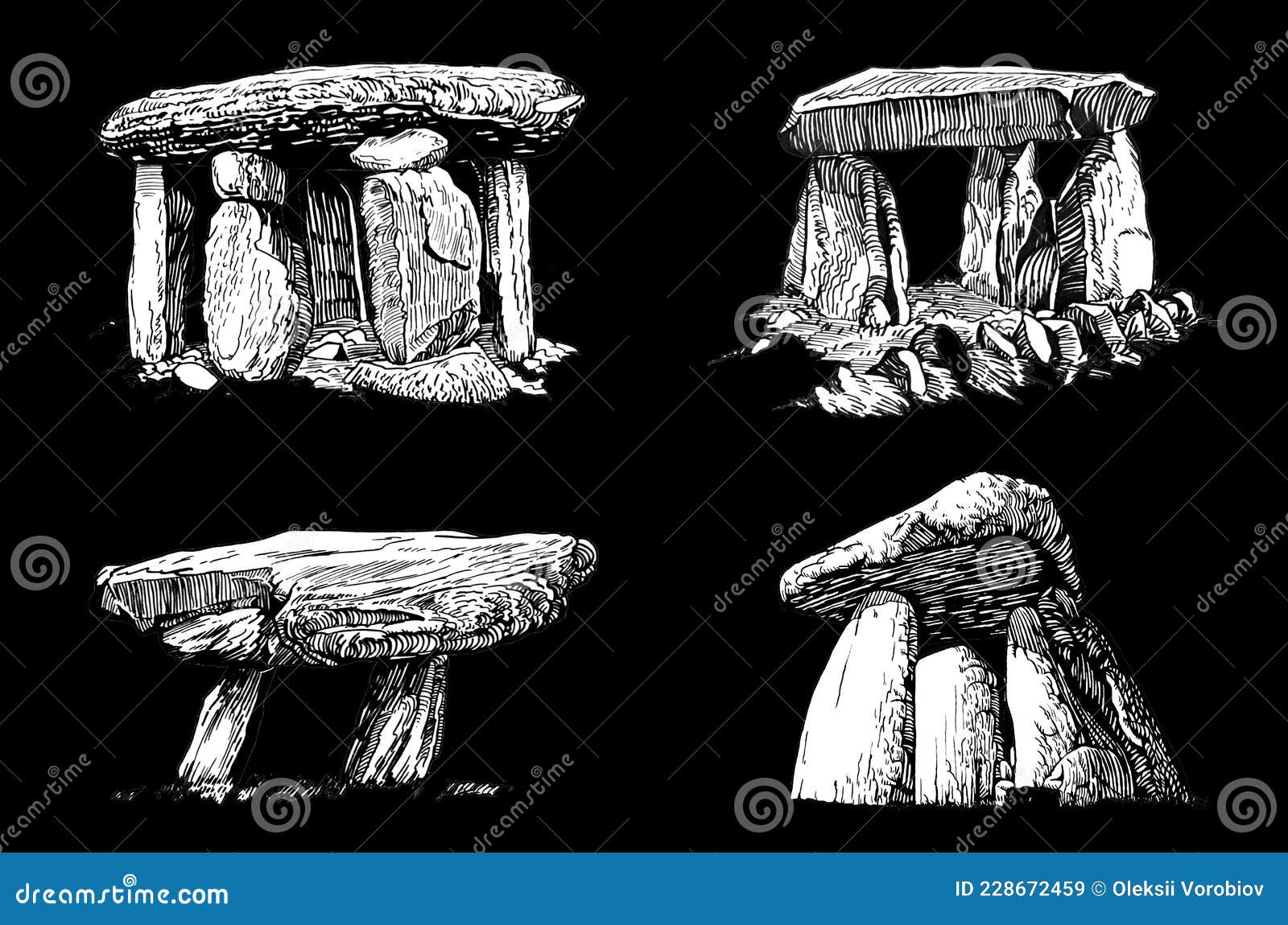 Graphical 3D Set of Dolmens on Black Background, Vector Elements Stock ...