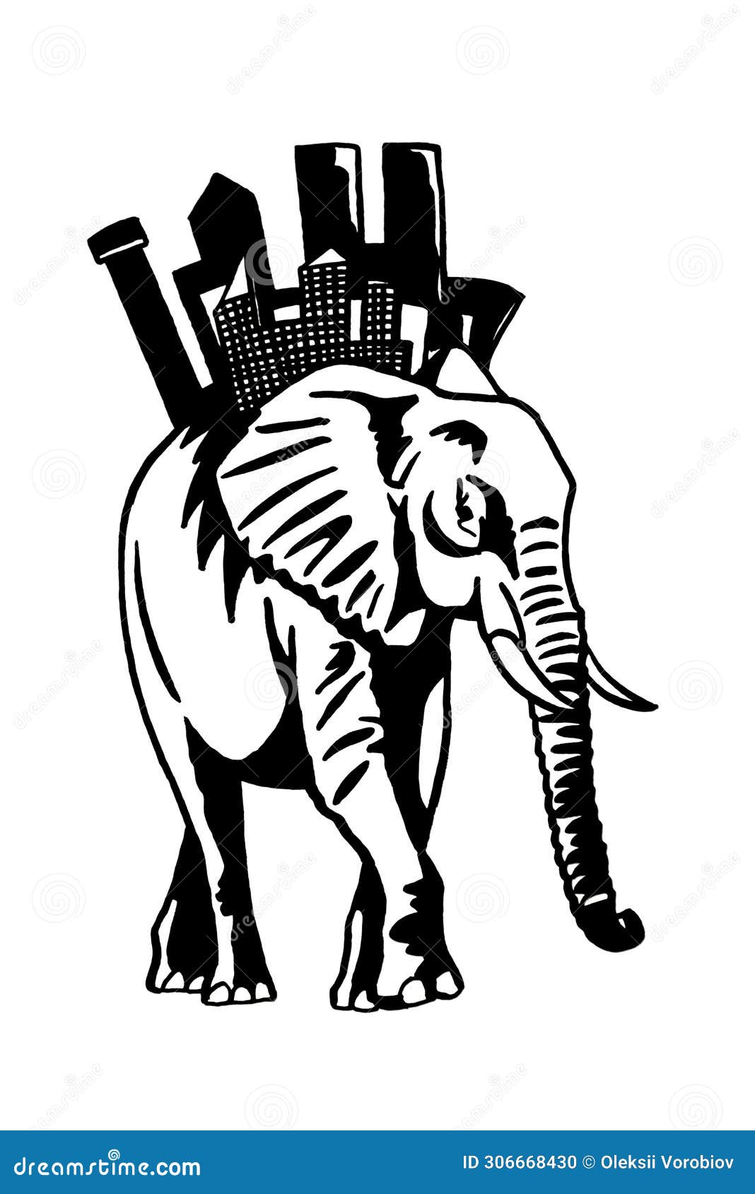 Graphical Elephant with Megapolis Silhouettes Walking on White ...