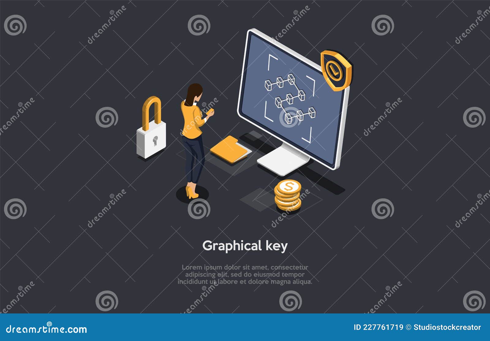 Graphical Key System Unlock Concept Illustration on Dark Background ...