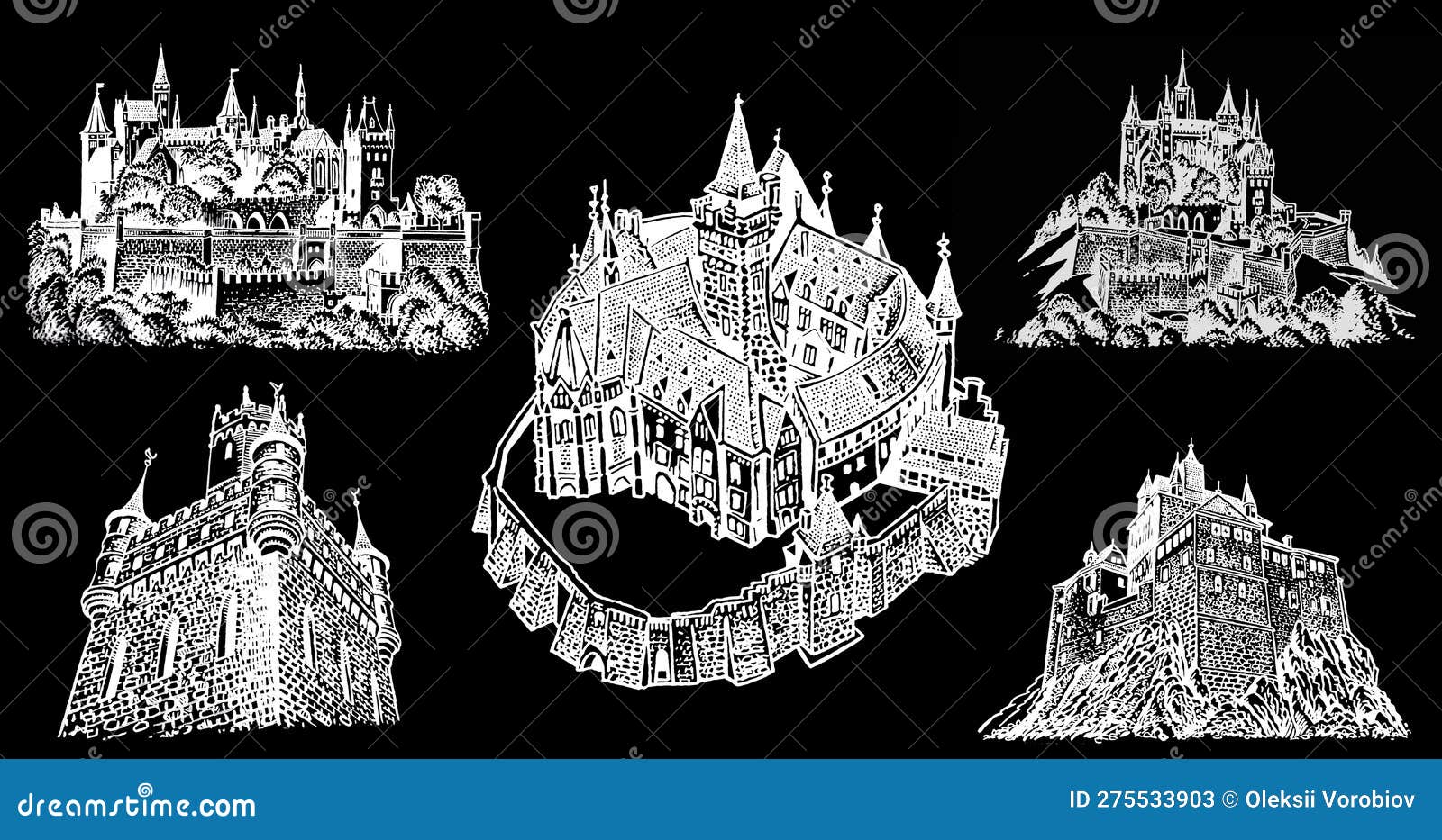 Graphical Medieval Castles of Germany Isolated on Black,vector ...