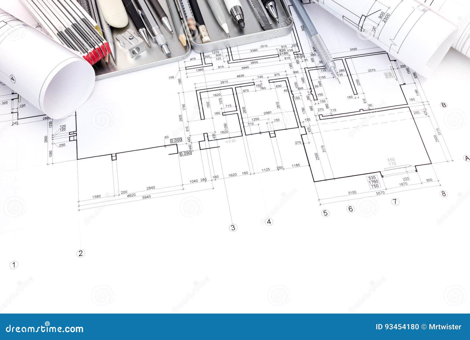 Graphical Plan of Apartment Rooms and Blueprint Rolls with Drawing ...