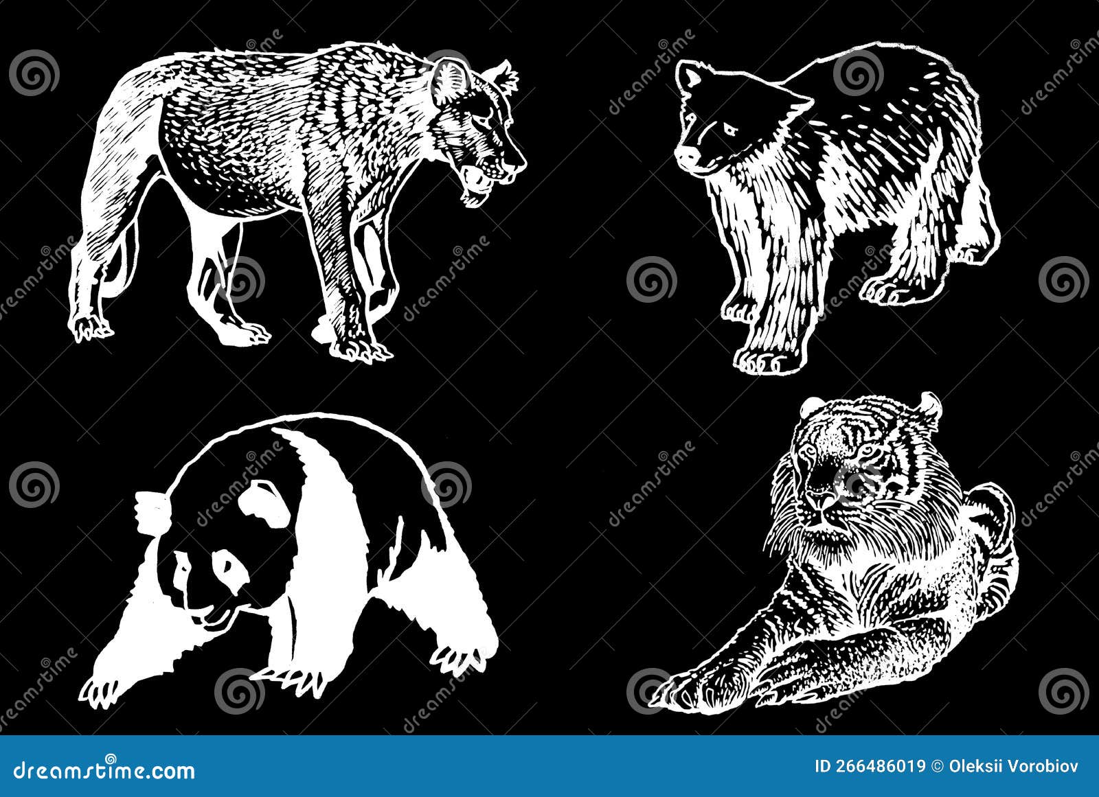 Graphical Set of Animals Isolated on Black Background,vector Engraved ...