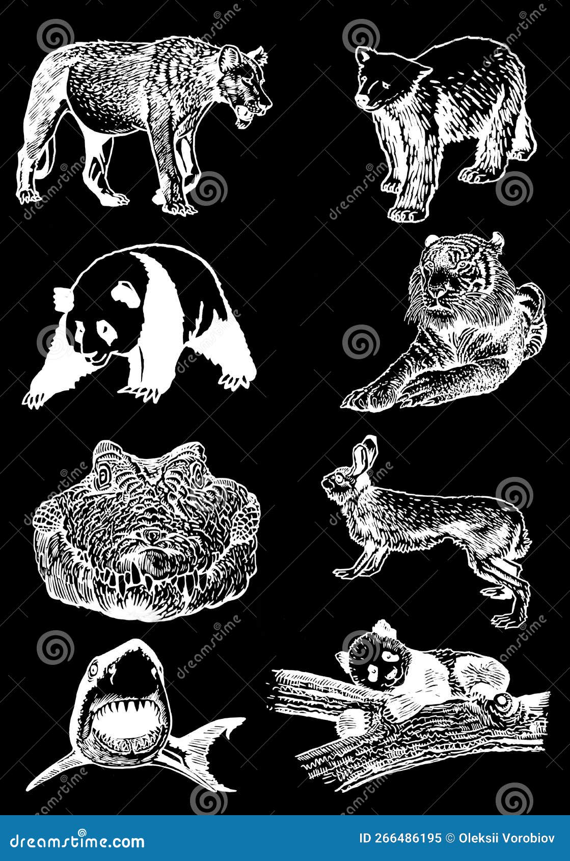 Graphical Set of Animals Isolated on Black Background,vector Engraved ...