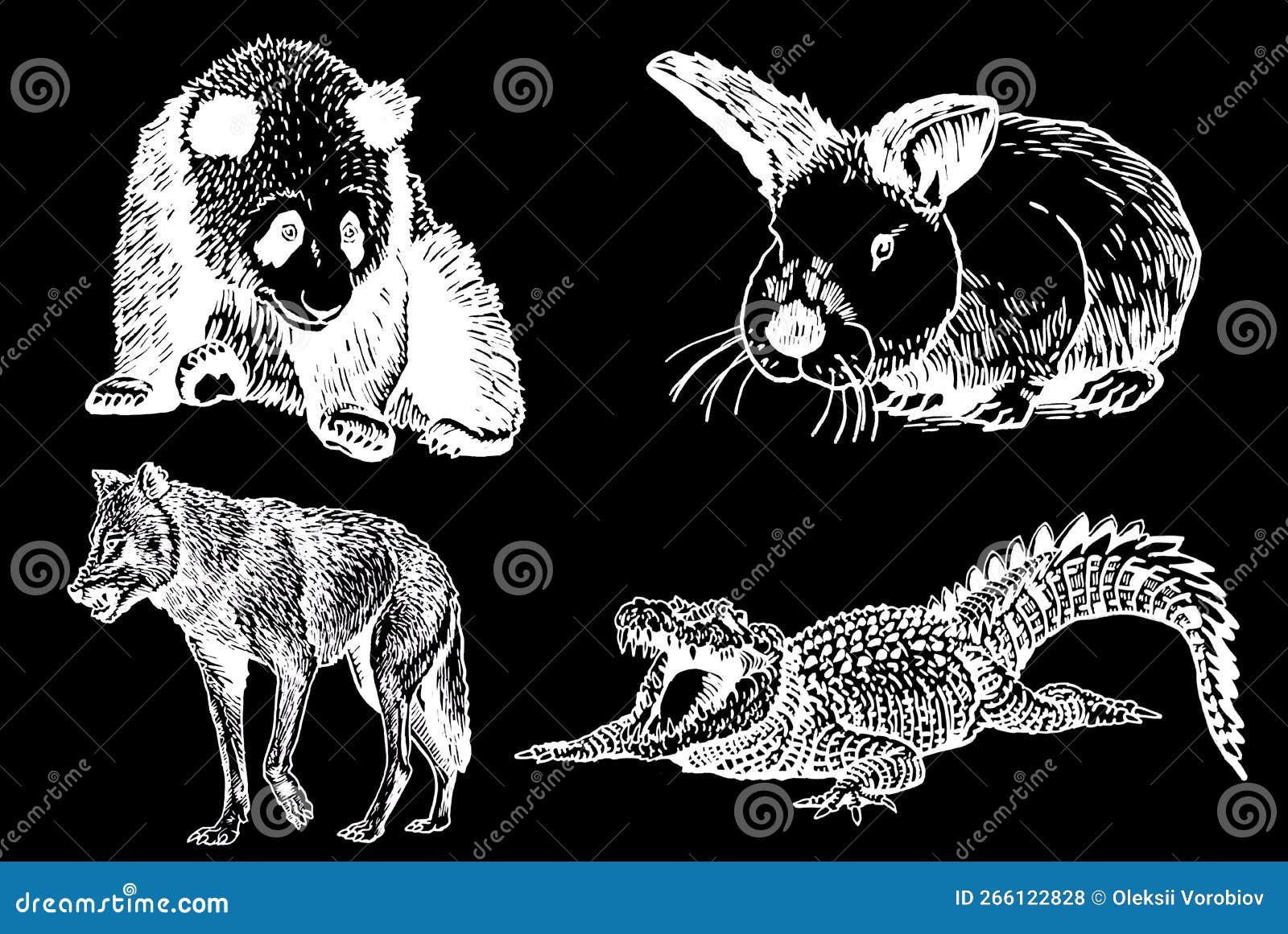 Graphical Set of Animals Isolated on Black Background,vector Engraved ...