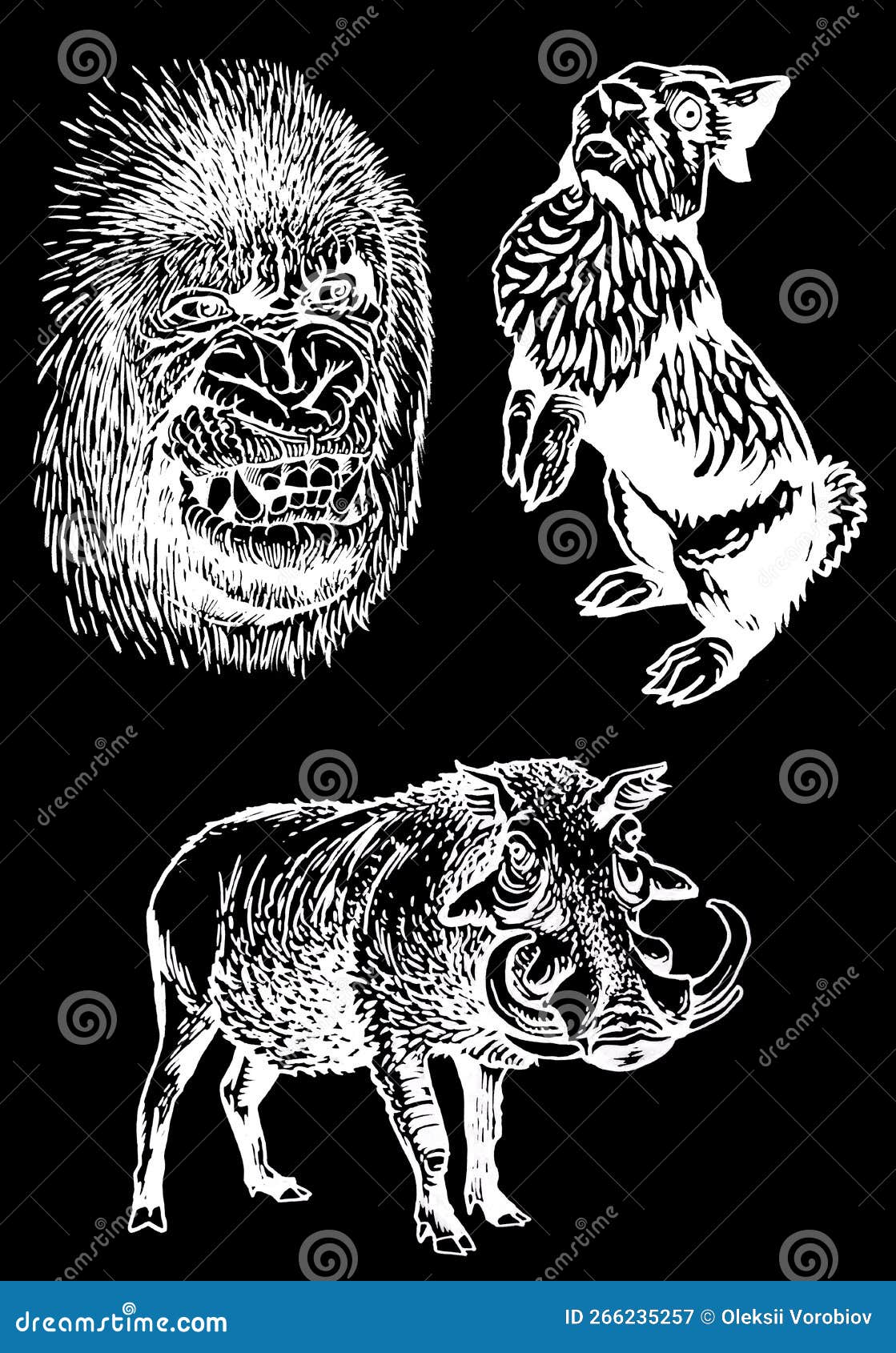 Graphical Set of Animals Isolated on Black Background,vector Engraved ...