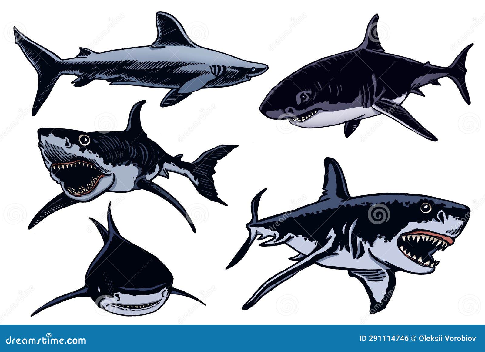 Graphical Big Set Of Sharks And Jaws Isolated On Black Background ...