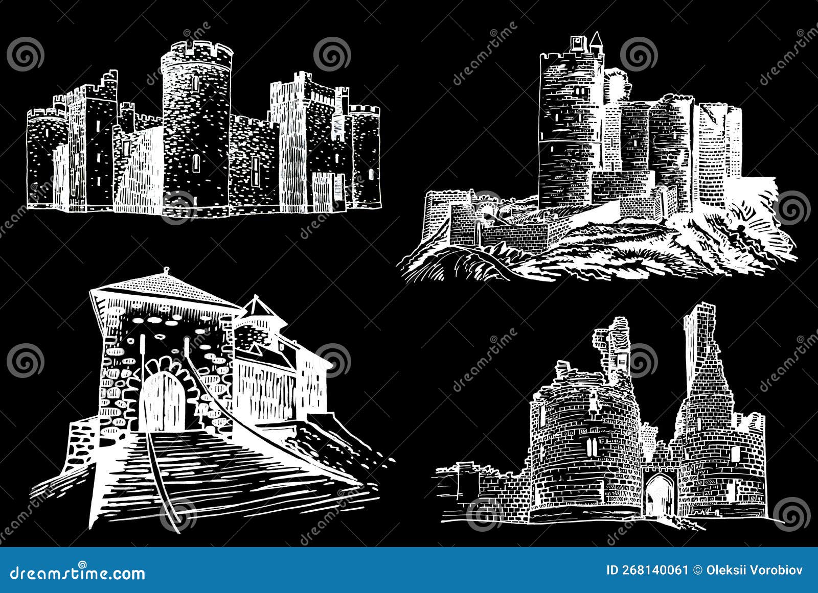 Graphical Set of Castles Isolated on Black Background,vector ...
