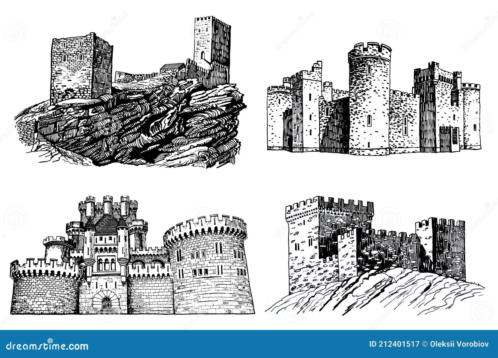 Graphical Set Of Fortresses Isolated On White Background,vector ...