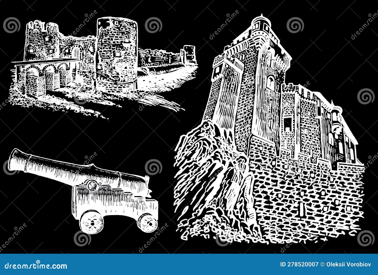 Graphical Set of Fortresses and Medieval Gun Isolated on Black ...