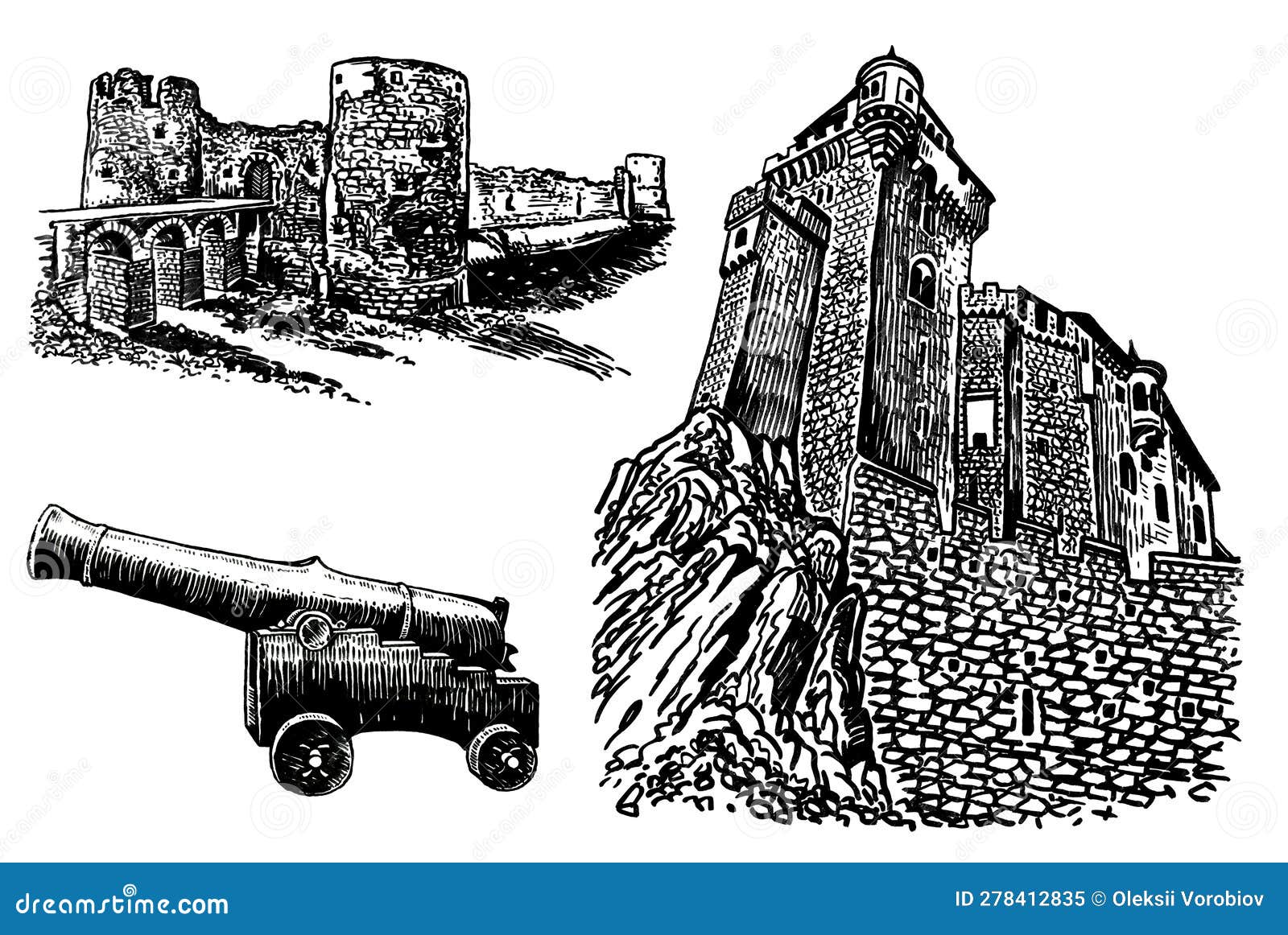 Graphical Set of Fortresses and Medieval Gun Isolated on White ...