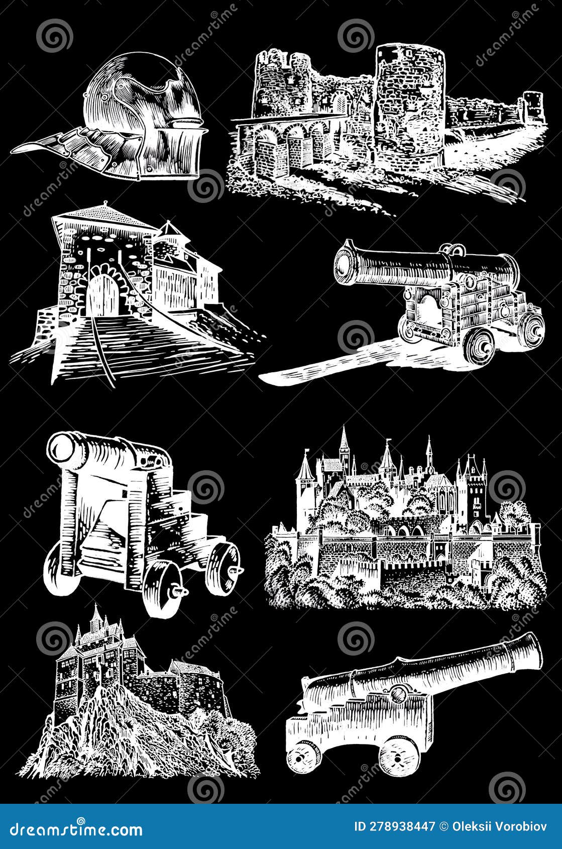 Graphical Set Of Fortresses And Medieval Gun Isolated On White ...