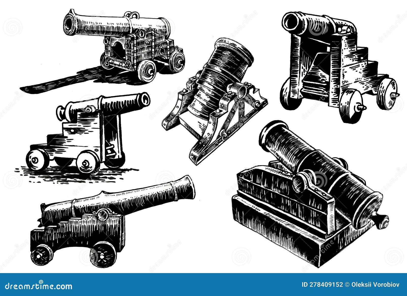Graphical Set of Guns, a Type of Artillery Piece Isolated on White ...