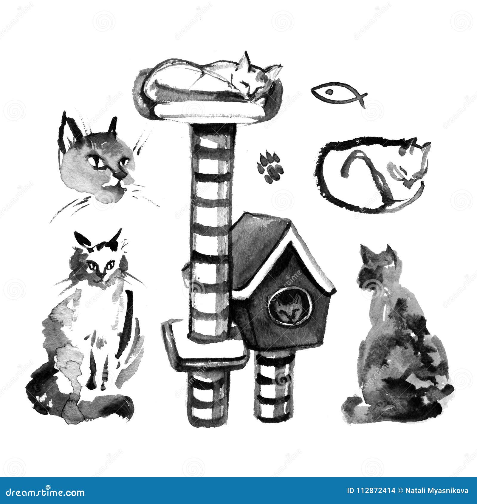 Graphical Set of Hand-painted Ink Cats Isolated on White Background ...