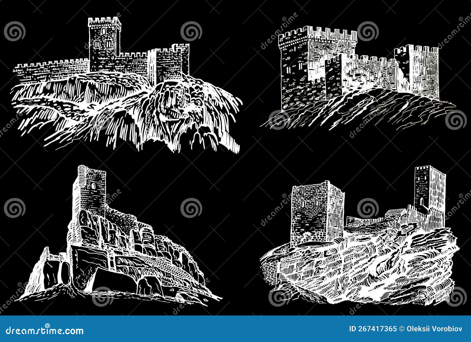 Graphical Set of Medieval Catles Isolated on Black, Vector Engraved ...