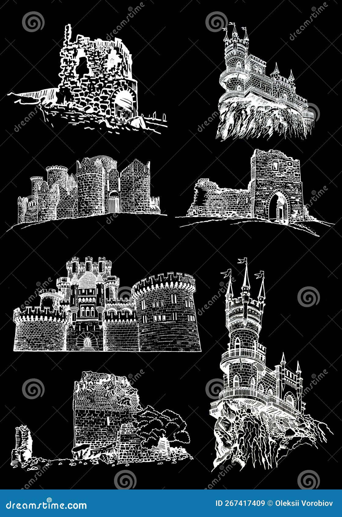 Graphical Set of Medieval Catles Isolated on Black, Vector Engraved ...