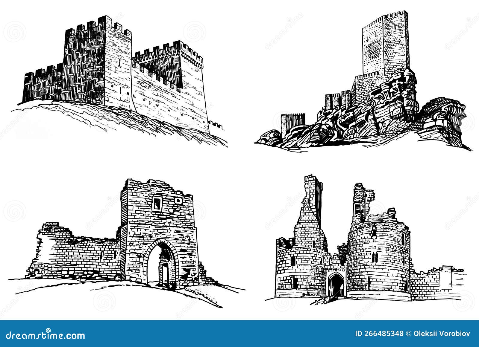 Graphical Set of Medieval Catles Isolated on White, Vector Illustration ...