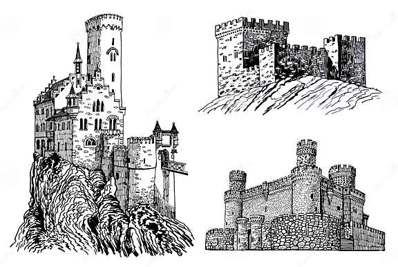 Graphical Set of Medieval Catles Isolated on White, Vector Illustration ...