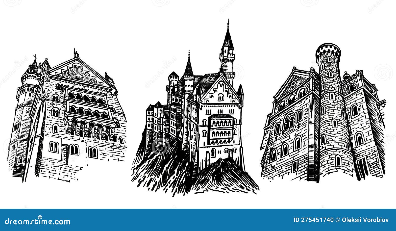 Graphical Set of Neuschwanstein Castles Isolated on White, Architecture ...