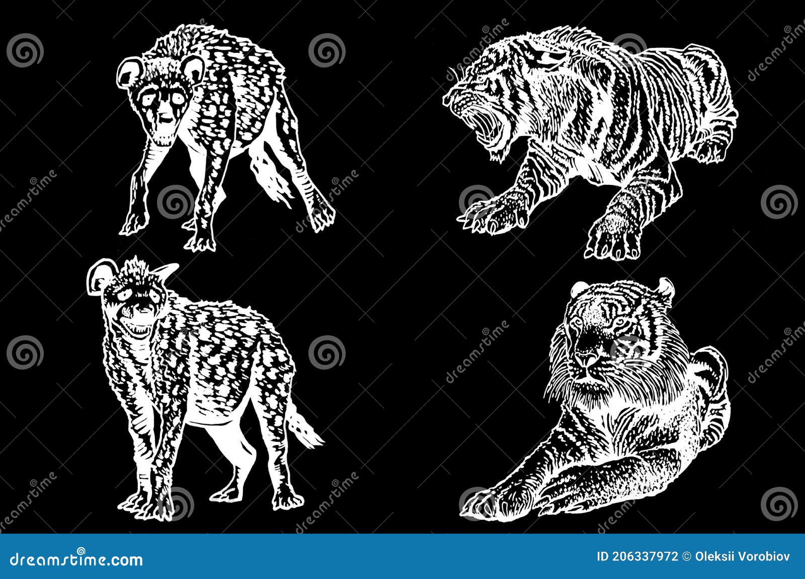 Graphical Set of Wild Animals Isolated on Black Background. Editorial ...