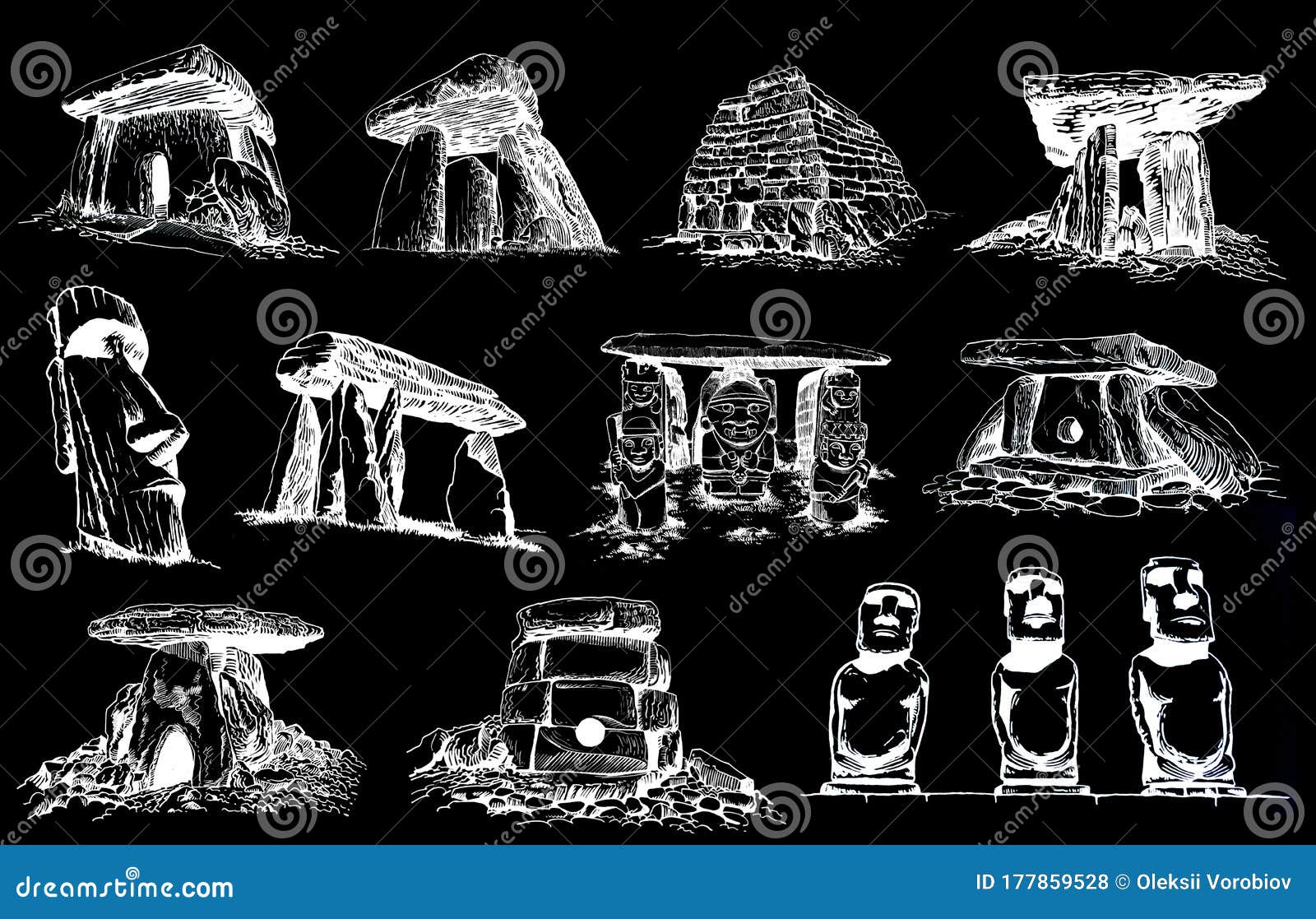 Graphical Set of Dolmens Isolated on Black Background,vector Engraved ...