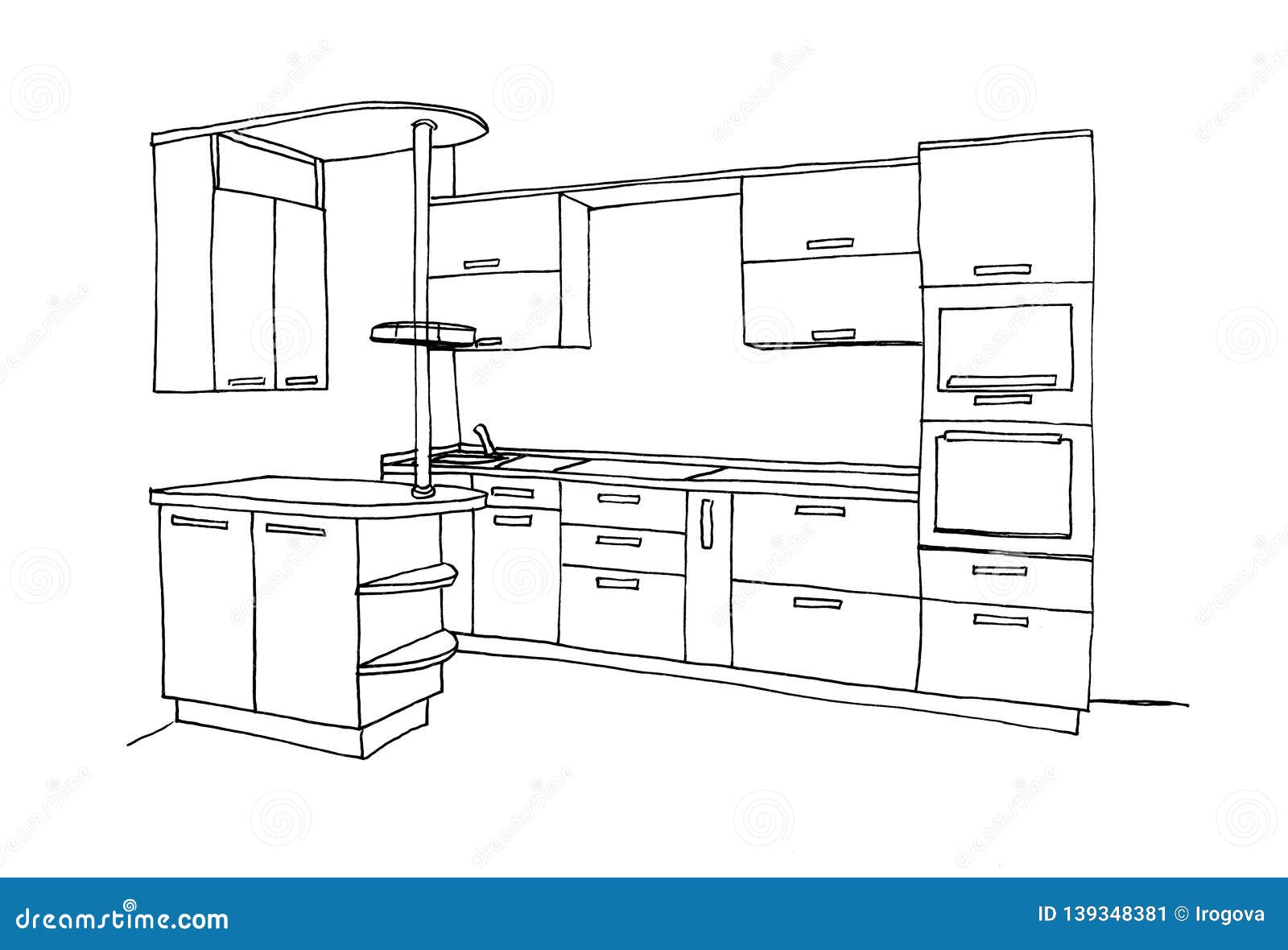 Graphical Sketch of an Interior Kitchen Stock Image - Image of oven ...