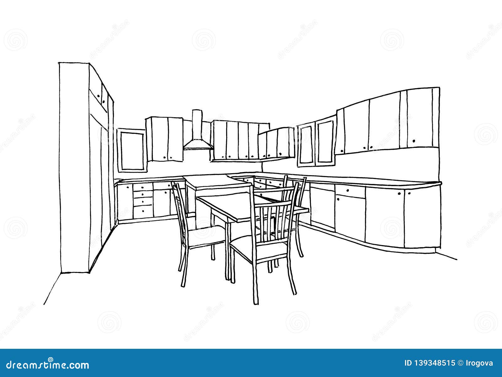 Graphical Sketch of an Interior Kitchen Stock Image - Image of cabinets ...