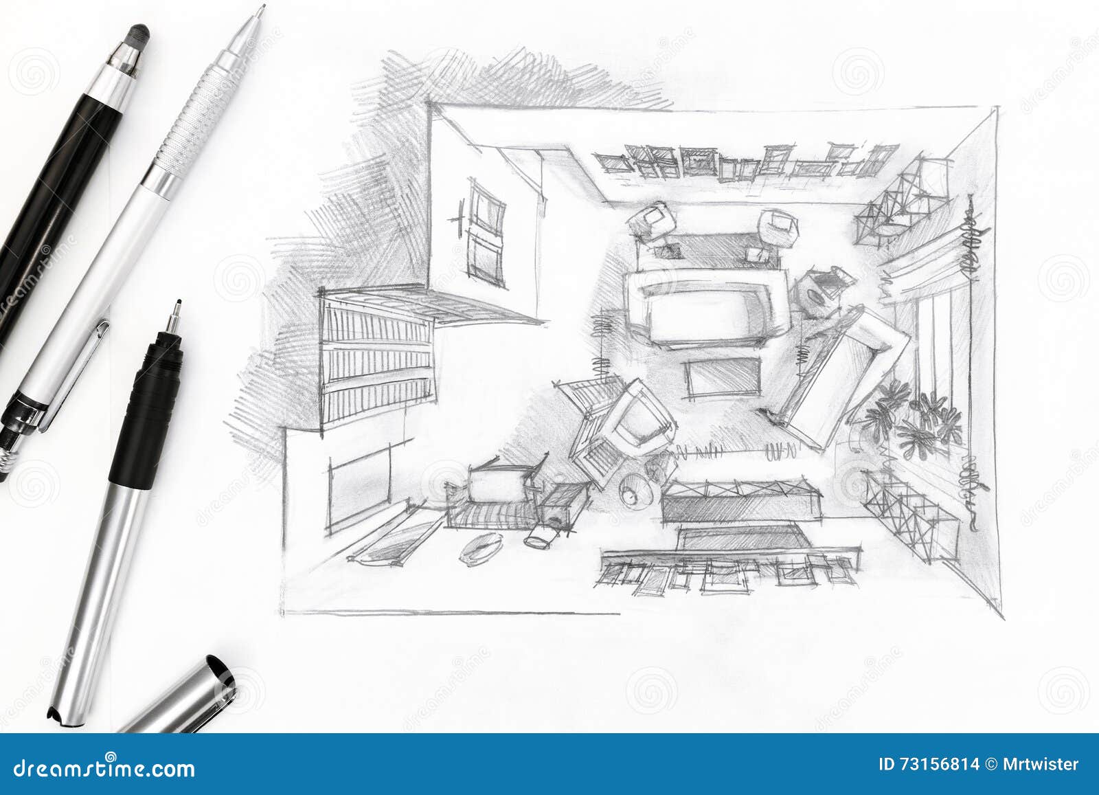 Graphical Sketch Of An Interior Living Room With Pen And Pencils Stock ...