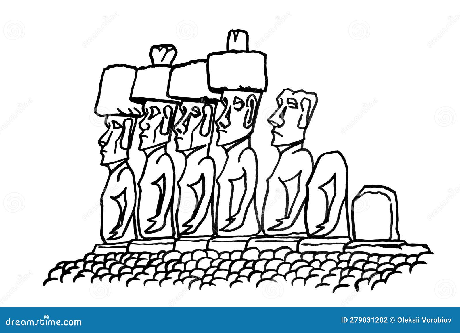 Graphical Sketch of Statues of Moai on White Background, Statues of ...