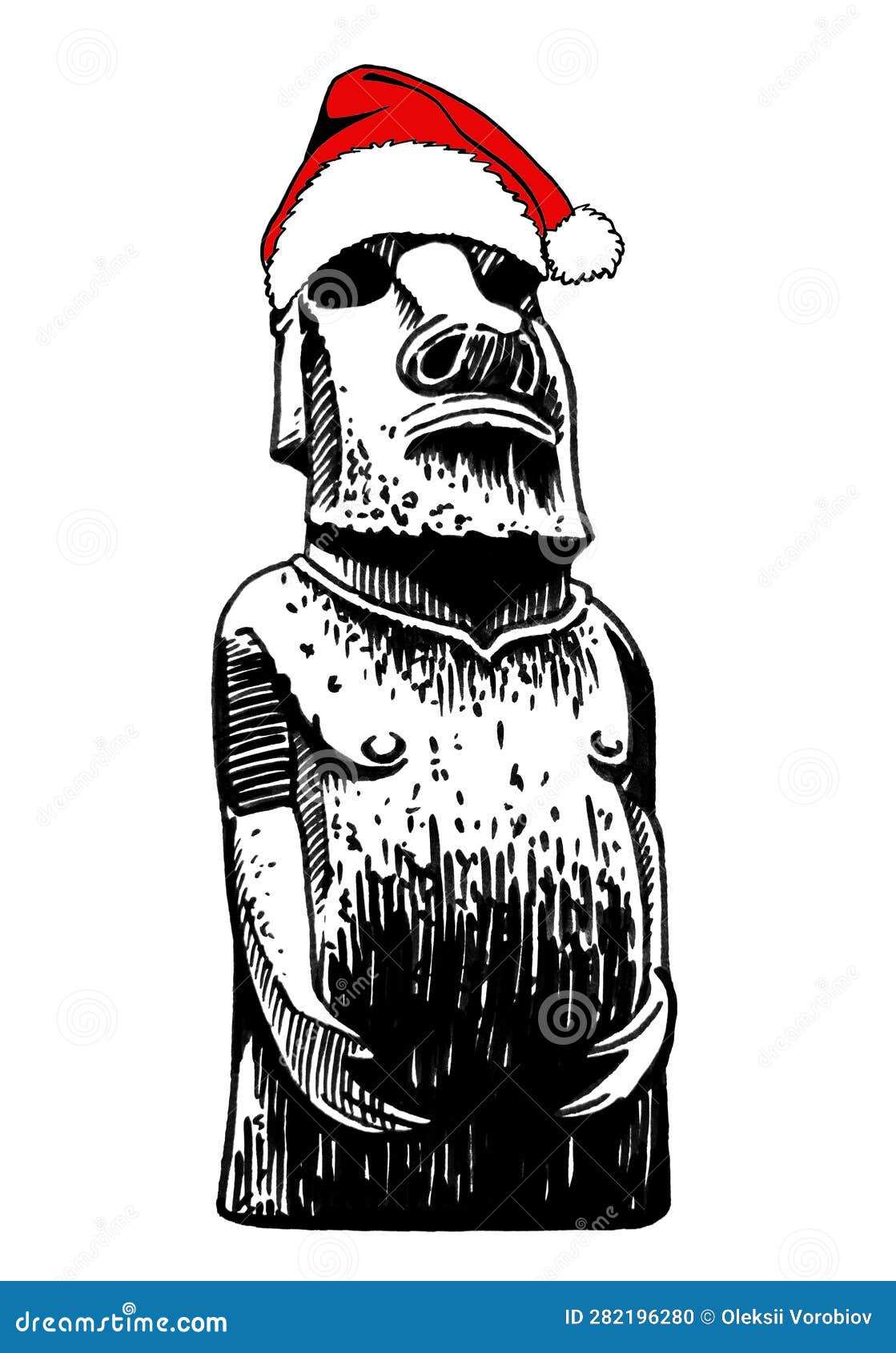 Graphical Statue of Moai in Santa Claus Red Hat on White Background ...