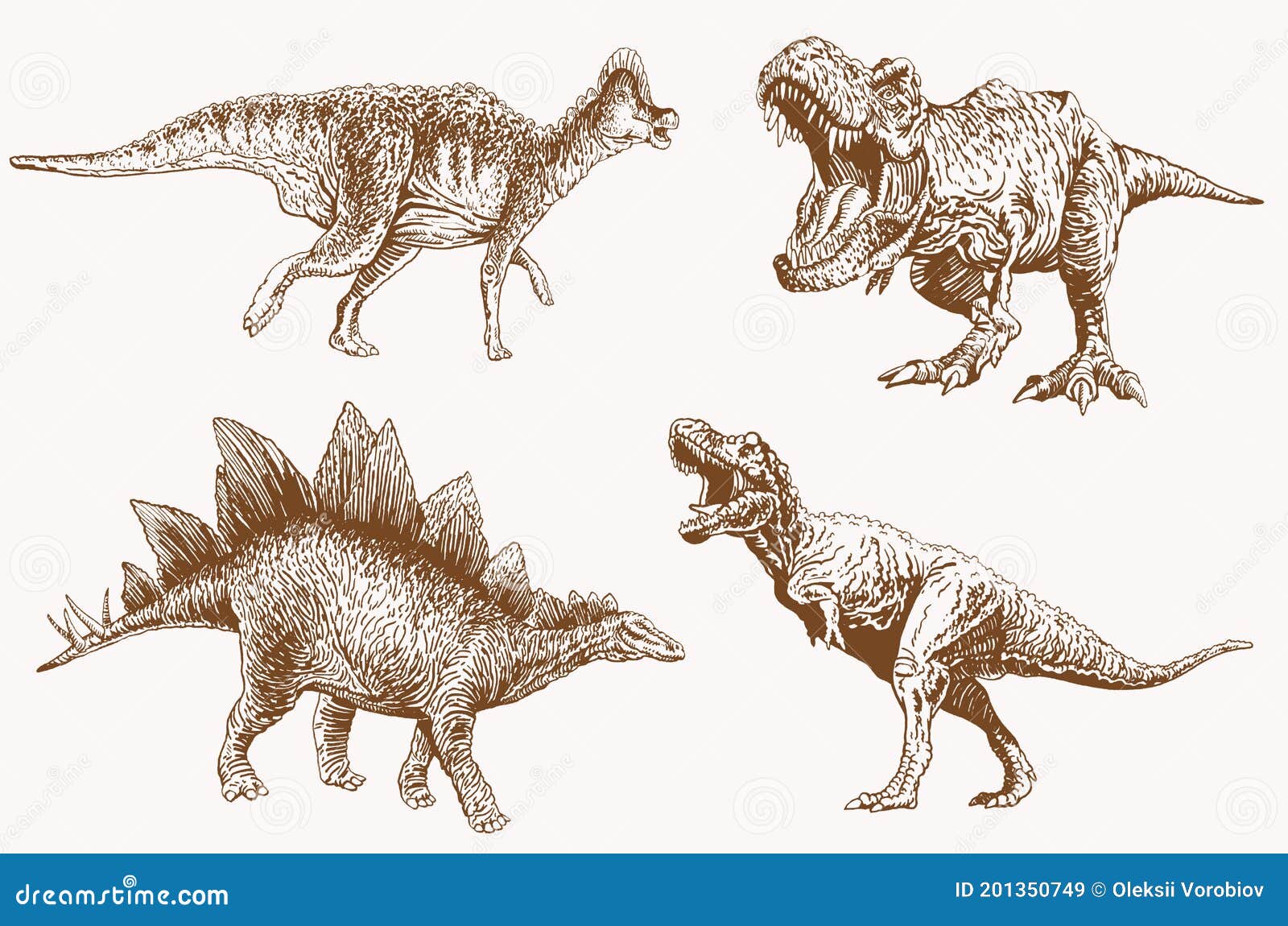 Graphical Set Of Dinosaurs Isolated On White Background, Hand-drawn ...