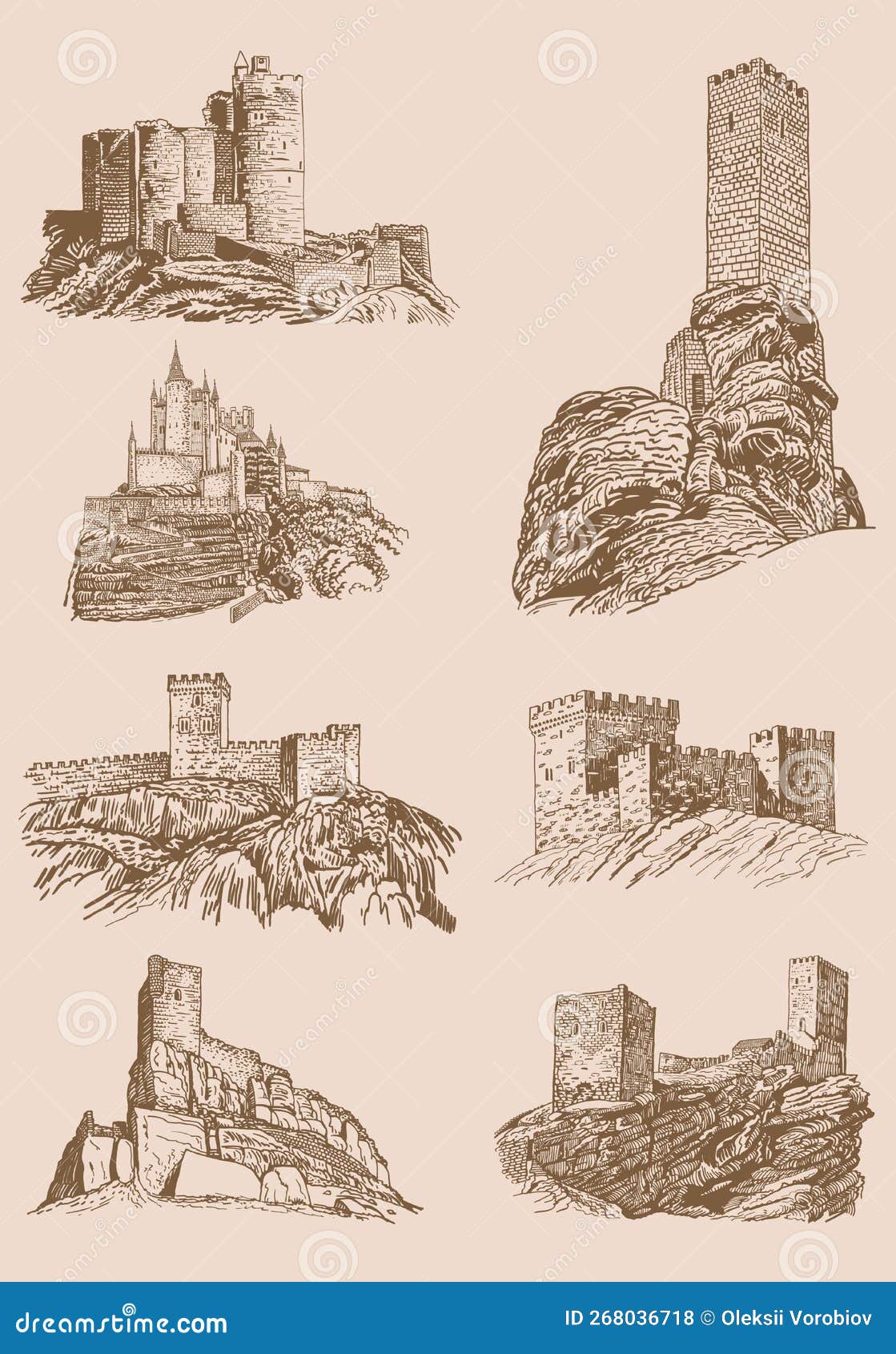 Graphical Vintage Set of Medieval Catles, Vector Illustration ...