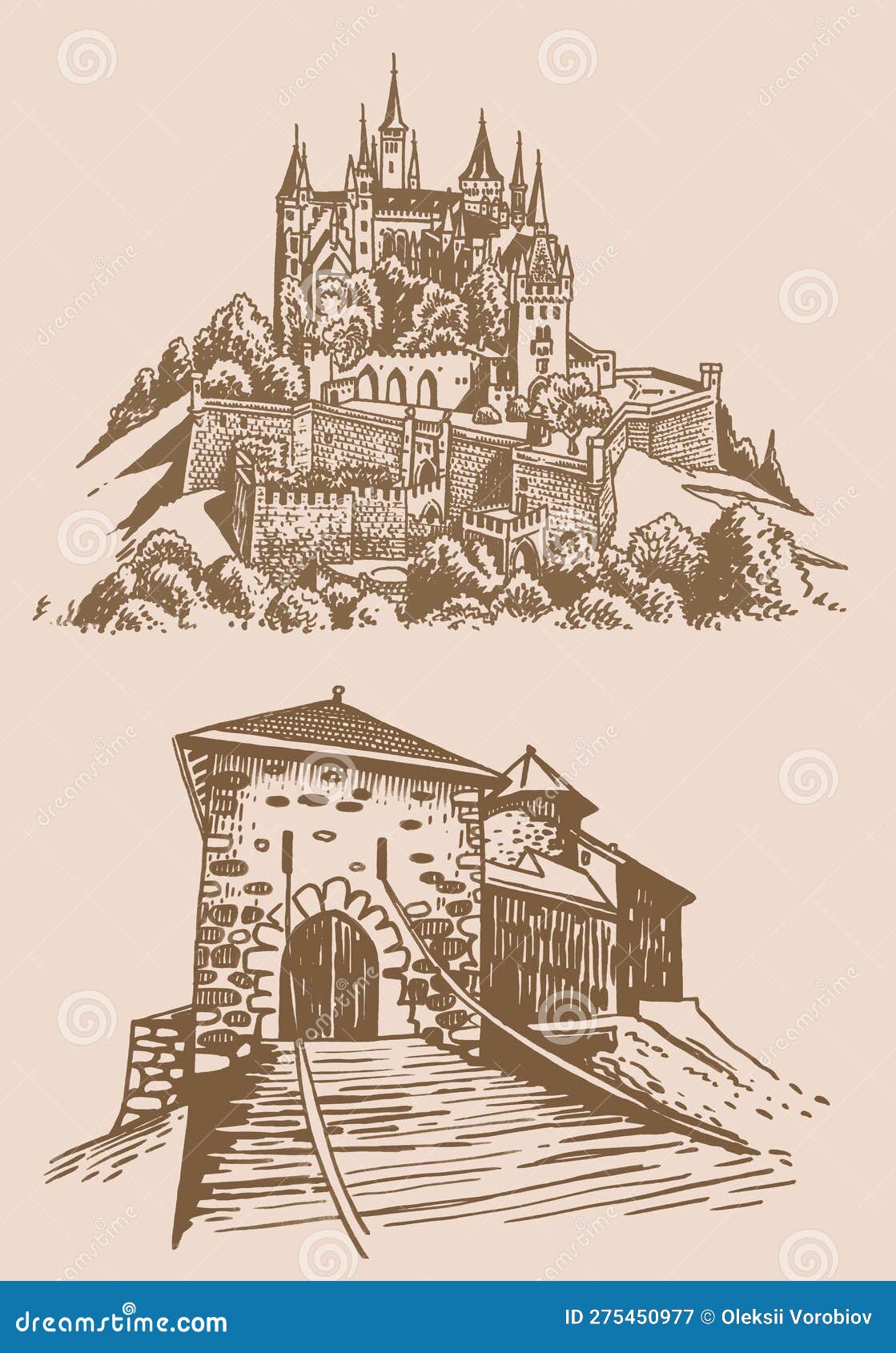 Graphical Vintage Set of Medieval Germany Castles on Sepia Background ...