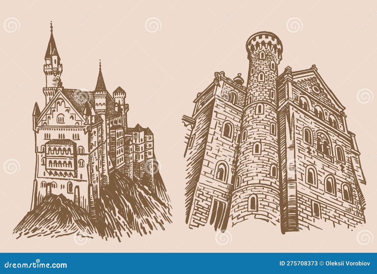 Graphical Set Of Neuschwanstein Castles Isolated On White, Architecture ...