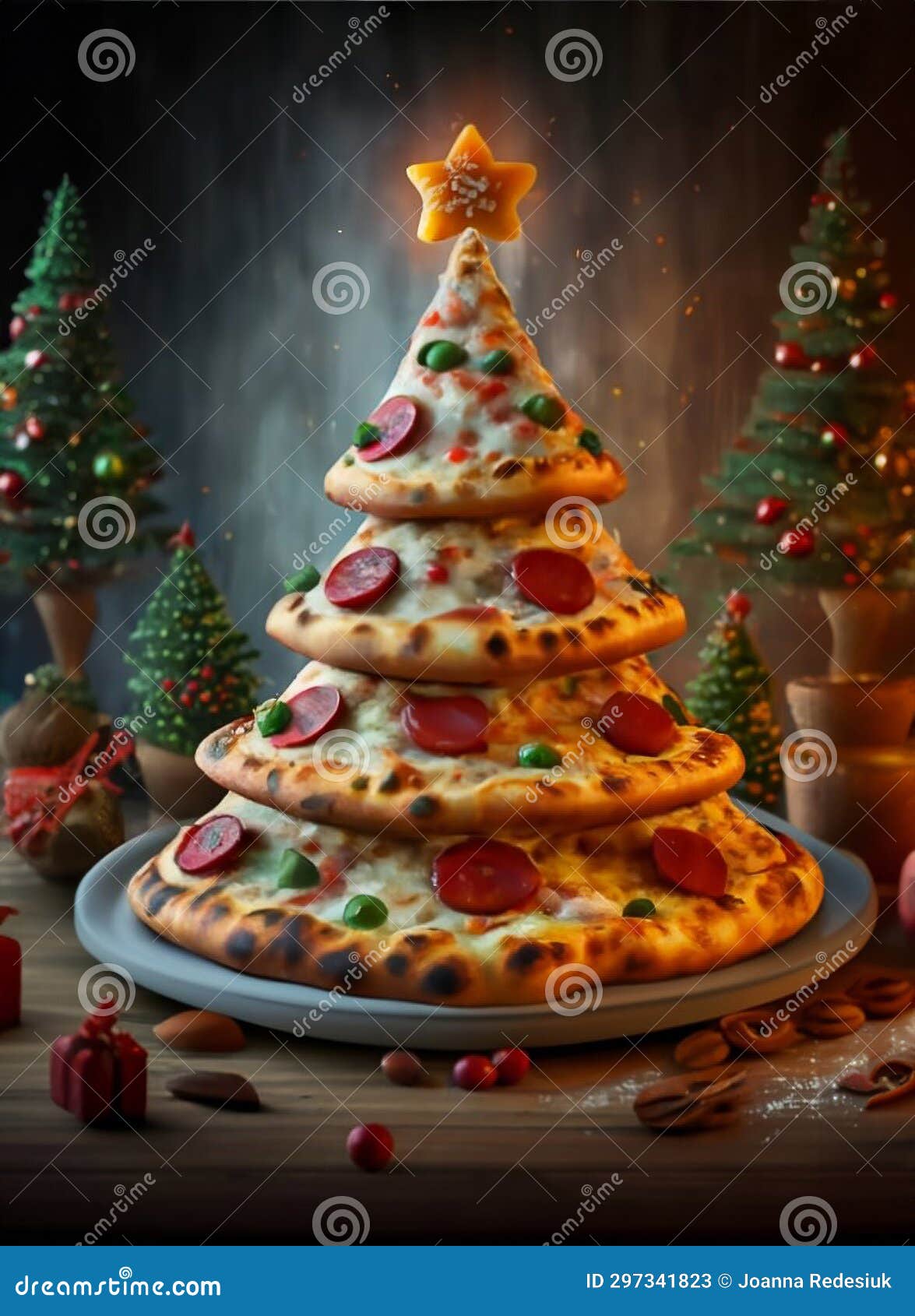 Graphics of a Christmas Tree of Pieces of Pizza with Pepperoni on the ...