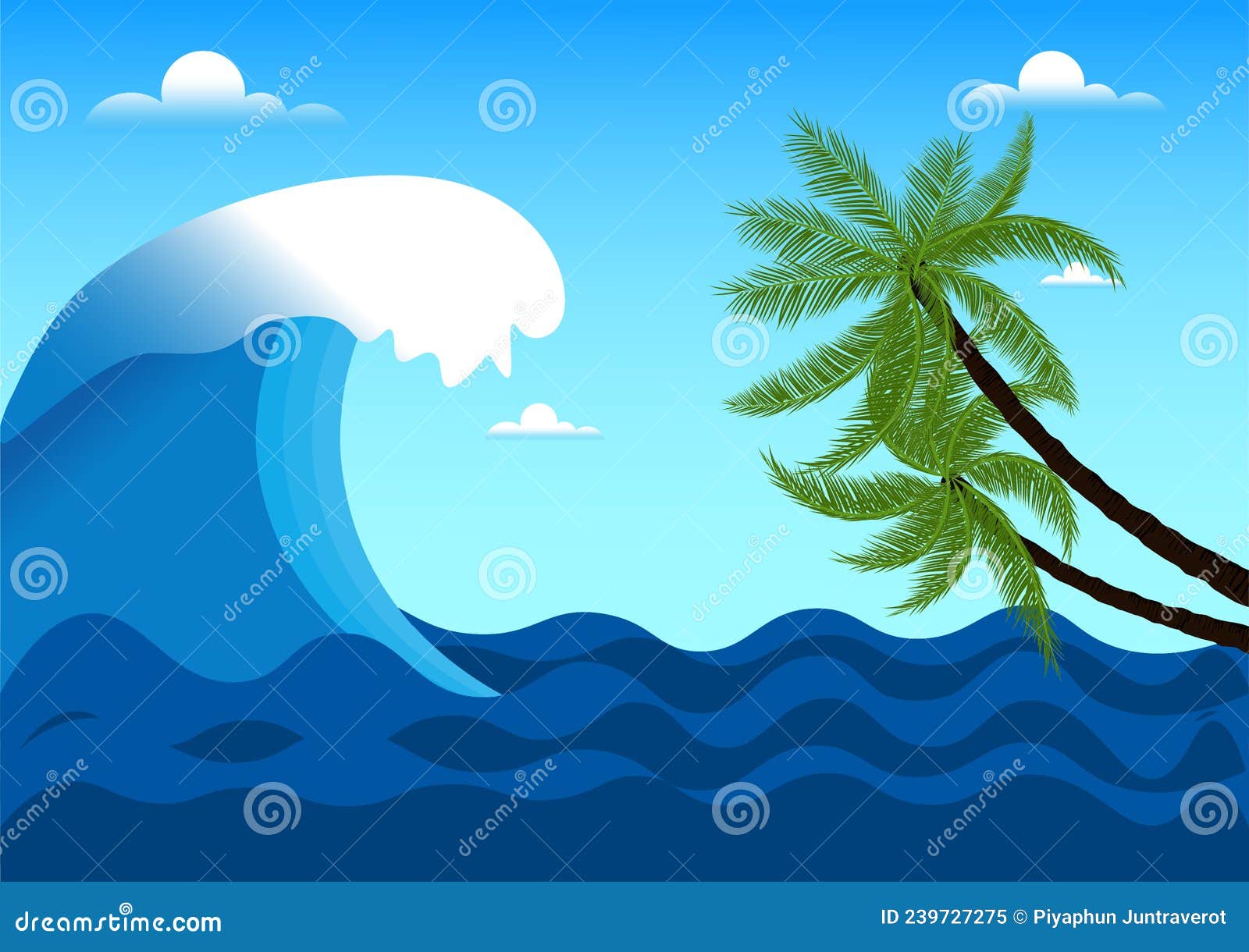 Graphics Design Drawing Ocean Wave, Coconut Tree Vector Illustration ...