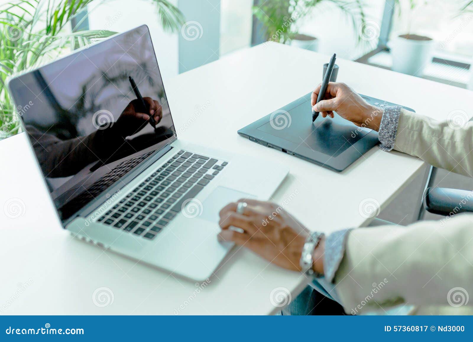 Graphics Designer Using Digitizer with Its Reflection Showing on Stock ...